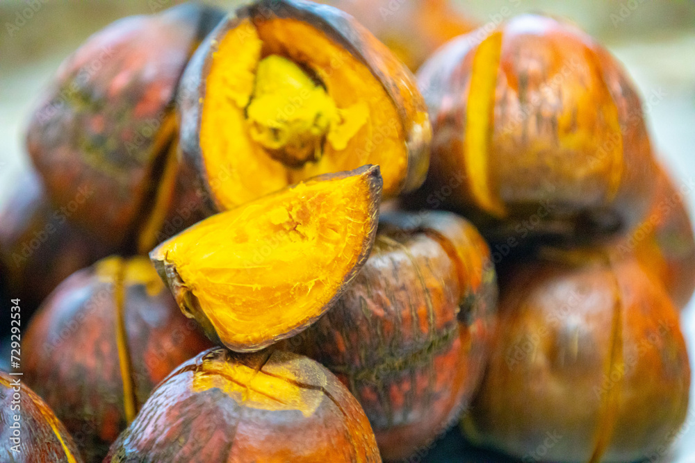 Roasted fruit of the pupunha palm (Bactris gasipaes), typical fruit of ...