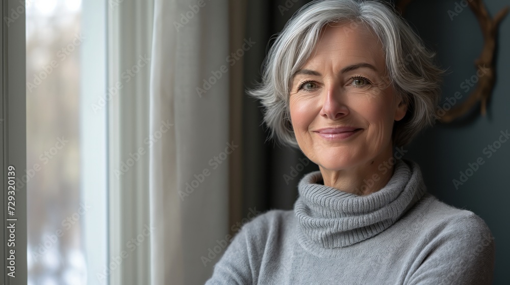 Foto de Stock Middle aged woman sits at home on a windowsill. She is ...