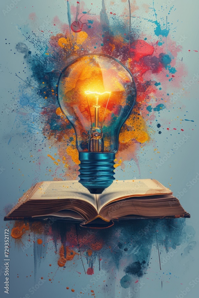 Open Book and Floating Lightbulb with colorful splashes intellectual ...