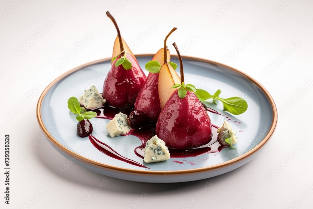 Plate of pears poached in red wine, garnished with Gorgonzola cheese ...