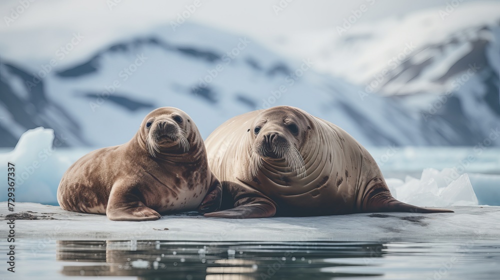 Walrus and her pup floating on ice in a fjord , Eastern Greenland Stock ...