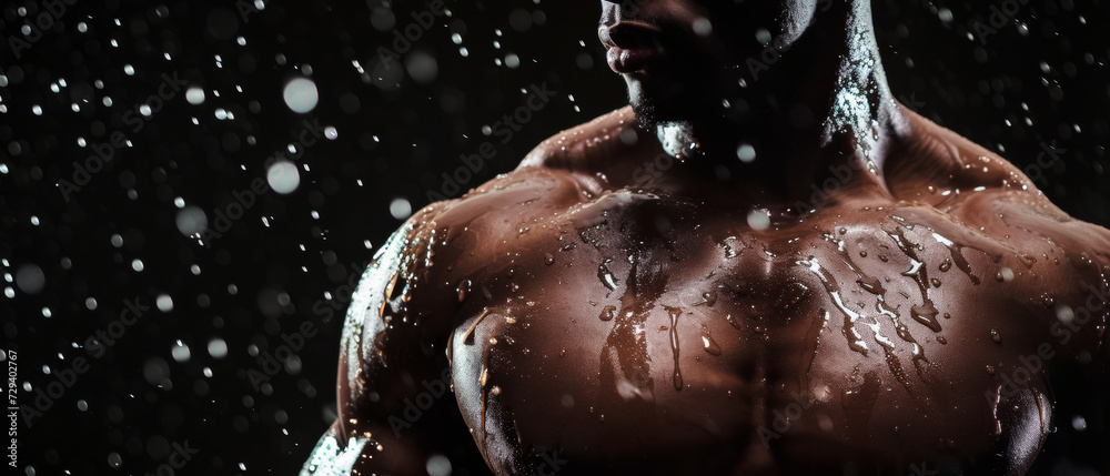 Athletic prowess on display, a muscular bodybuilder glistens under rain ...