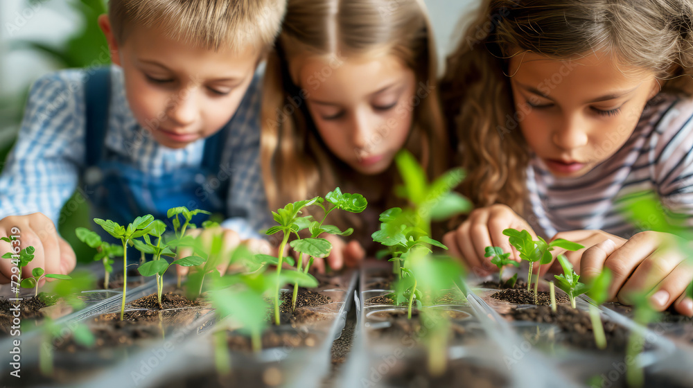 Children Learning Plant Growth Hands-On, Young children are closely ...