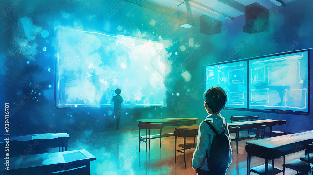 A watercolor depiction of a teacher using interactive holograms in a ...