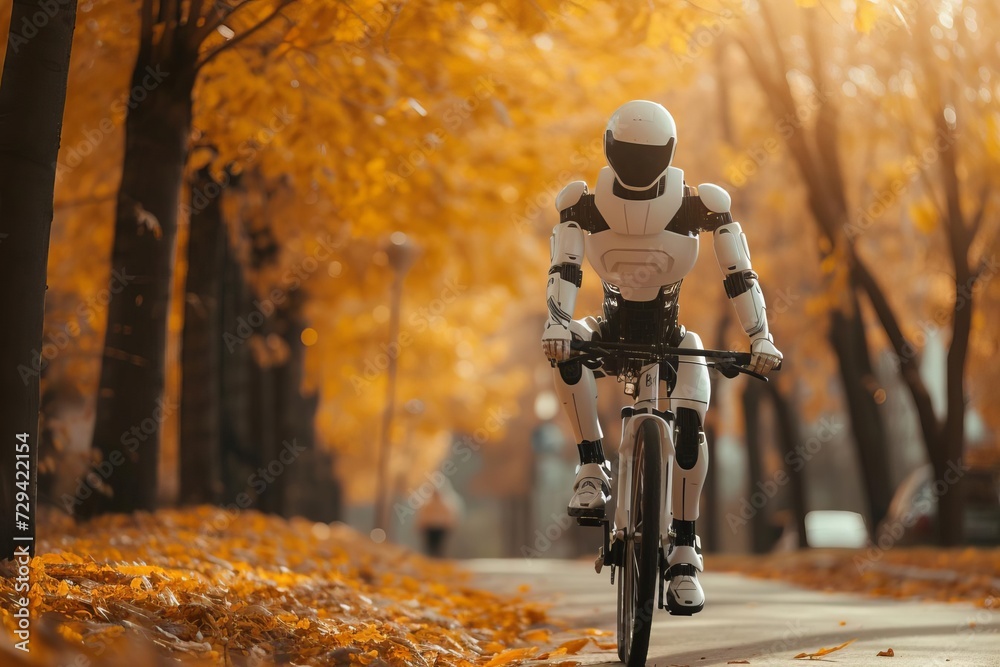 Happy humanoid robot riding a bicycle along an autumn alley Symbolizing ...