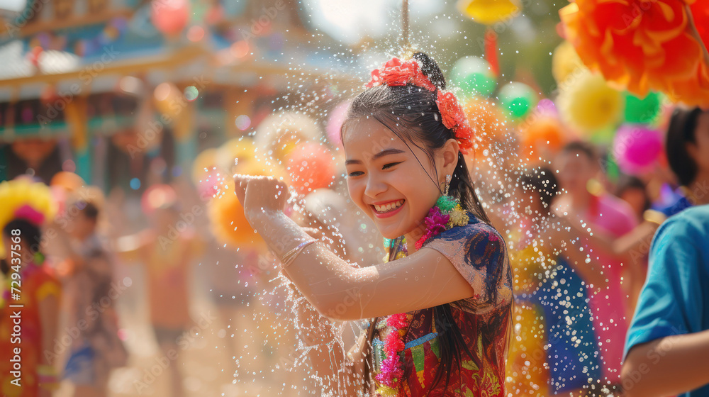 Songkran festival in the Thai traditional dress at Thai Temple ...