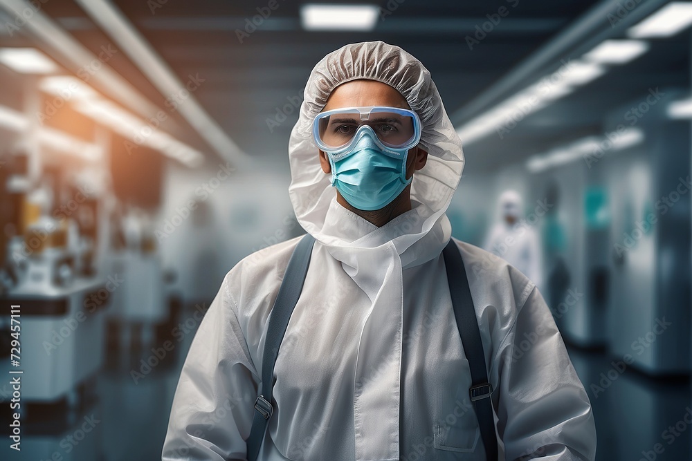 Man, face mask and PPE with goggles and safety, Covid compliance with ...