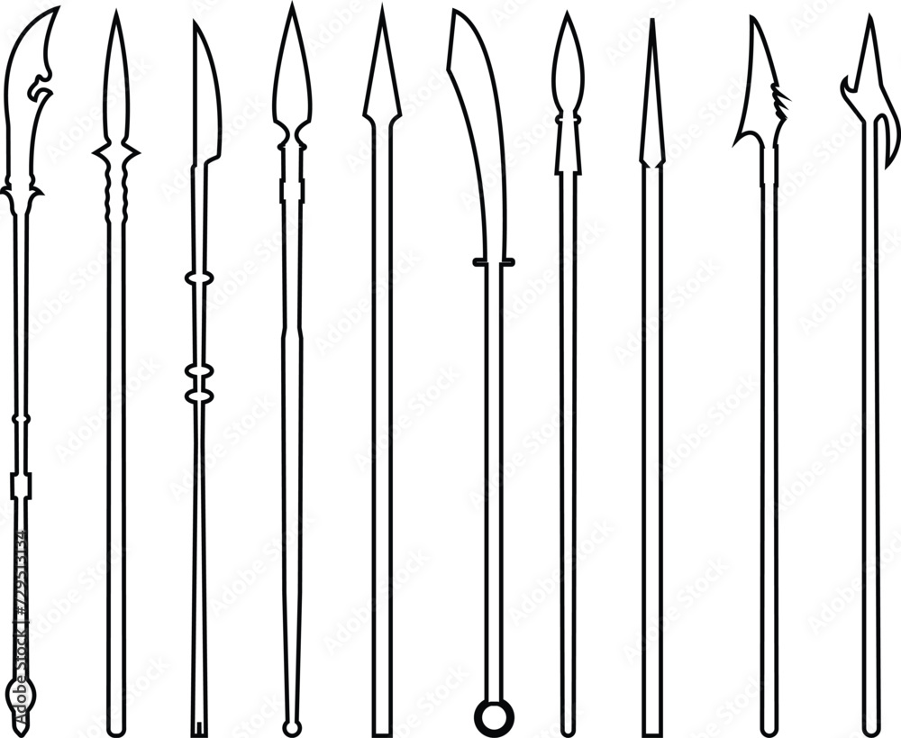 Simple, flat, black spear silhouette set. Isolated on transparent ...