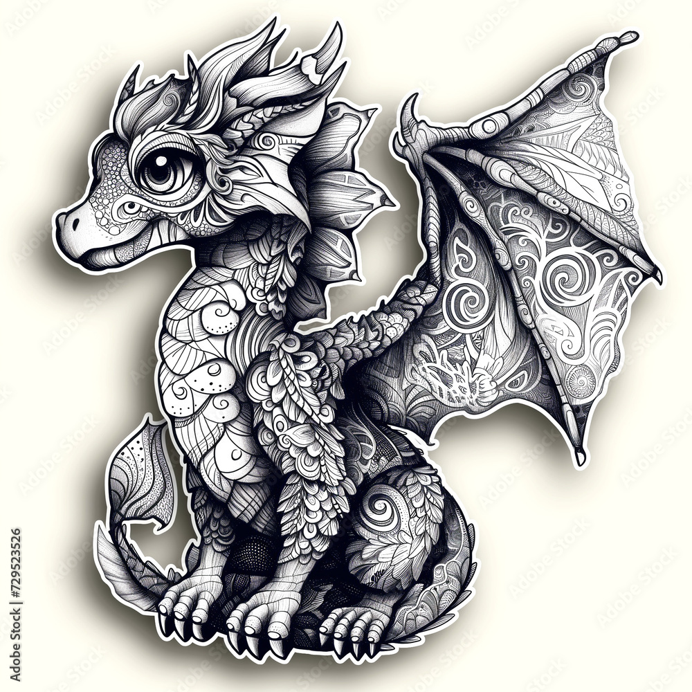 Dragon adorned with zentangle patterns, black and white isolated image ...
