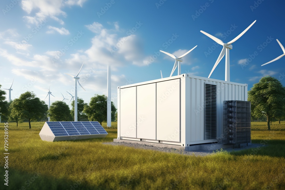 Modern battery energy storage system with wind turbines and solar in ...