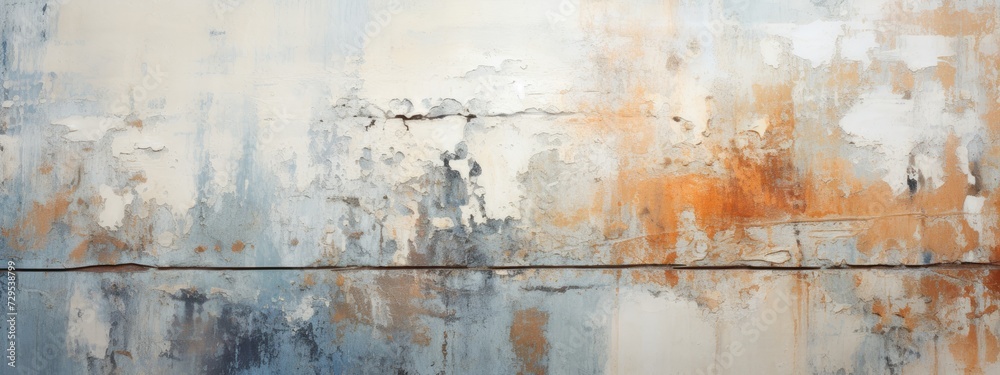 Abstract textured surface with white paint over patches of rust and ...