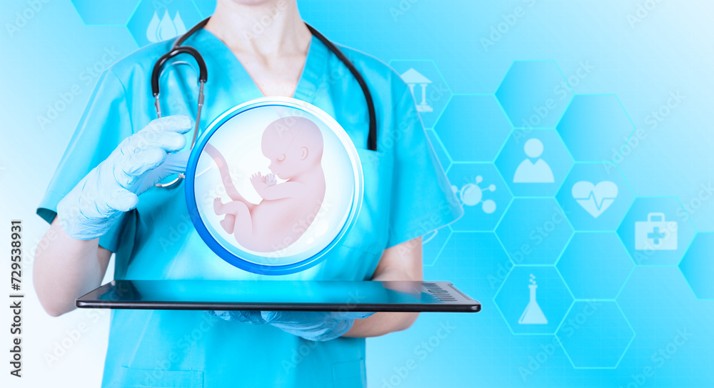 Icon of an embryo with a protective hand gesture of a doctor ...