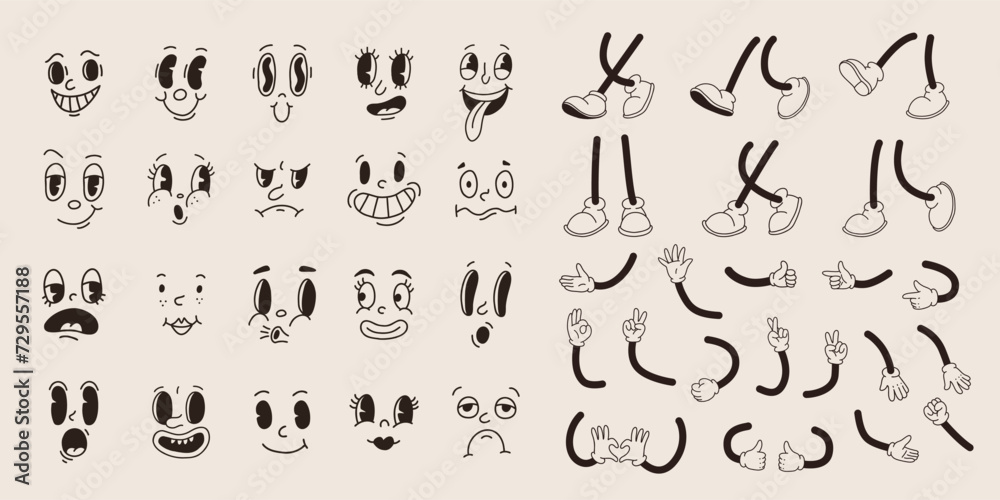 Set of 70s groovy comic faces vector. Collection of cartoon character ...