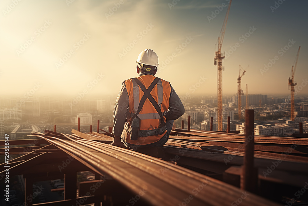 Back view of construction worker wearing safety uniform during working ...