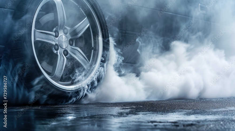 Car burnout wheels tire with white smoke, Blurred image diffusion race ...