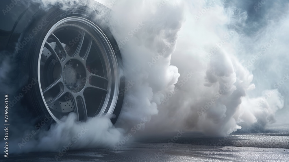 Car burnout wheels tire with white smoke, Blurred image diffusion race ...