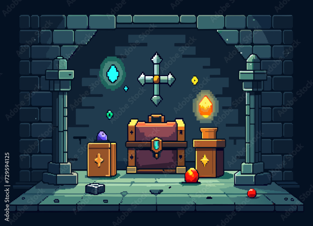 A pixel-art dungeon crawler level with hidden traps and treasures ...