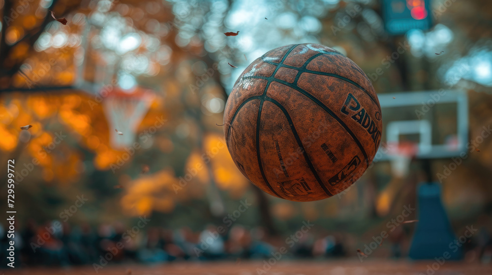 An aged basketball captured mid-air with a backdrop of fall foliage and ...