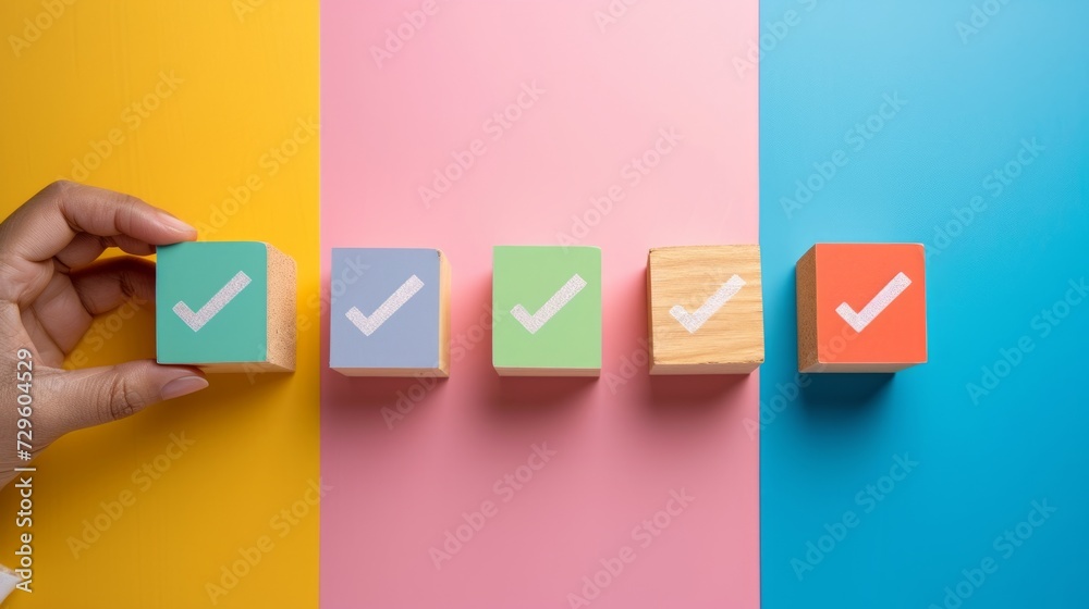 Checklist concept, Check mark on ladder stack wooden blocks, Survey and ...