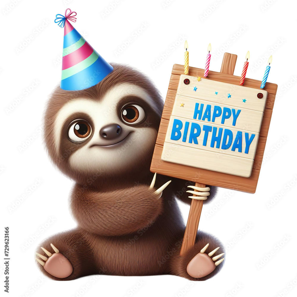 Cute Animal 3D Sloth Holding 'Happy Birthday' Board and Wearing Party ...