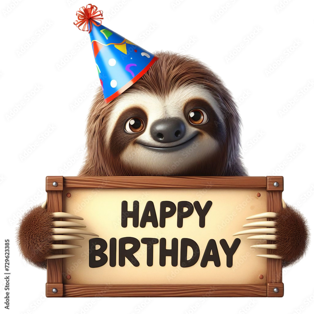 Cute Animal 3D Sloth Holding 'Happy Birthday' Board and Wearing Party ...
