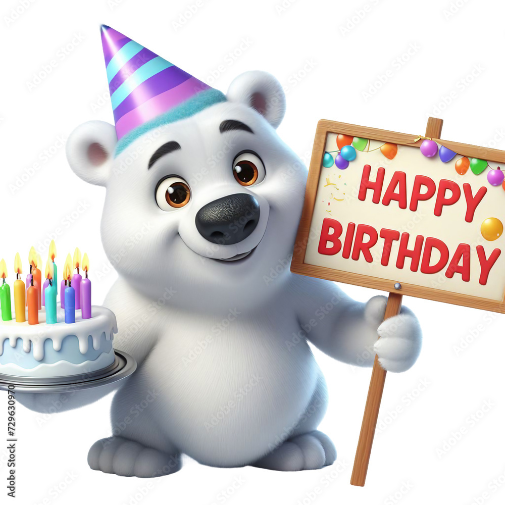 Cute Animal 3D Polar Bear Holding 'Happy Birthday' Board and Wearing ...