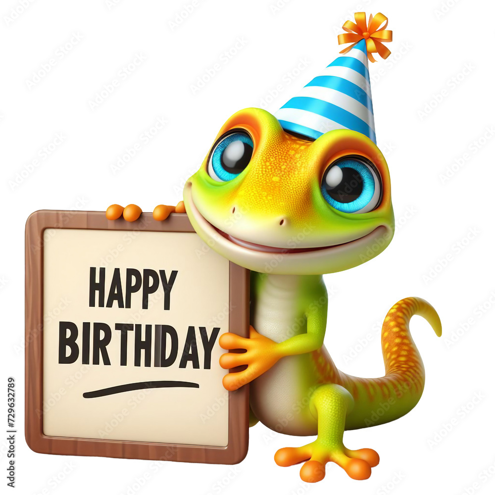 Cute Animal 3D Gecko Holding 'Happy Birthday' Board and Wearing Party ...