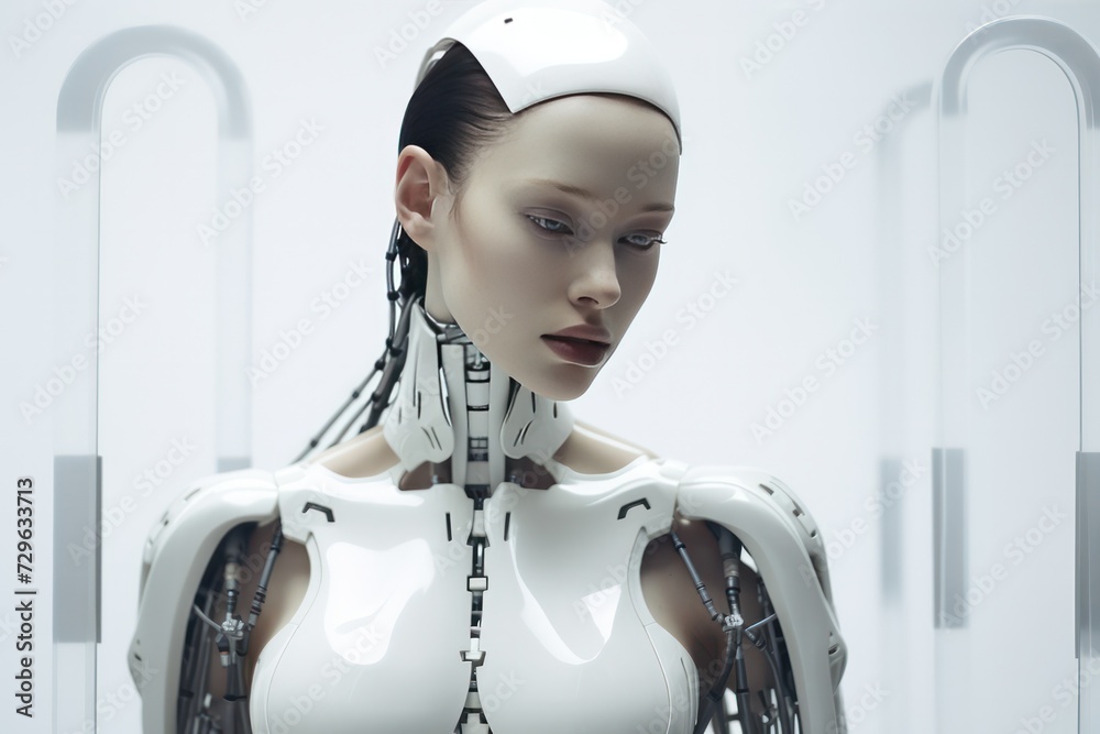 half woman half robot. Cyborg in white sterile space of scientific lab ...