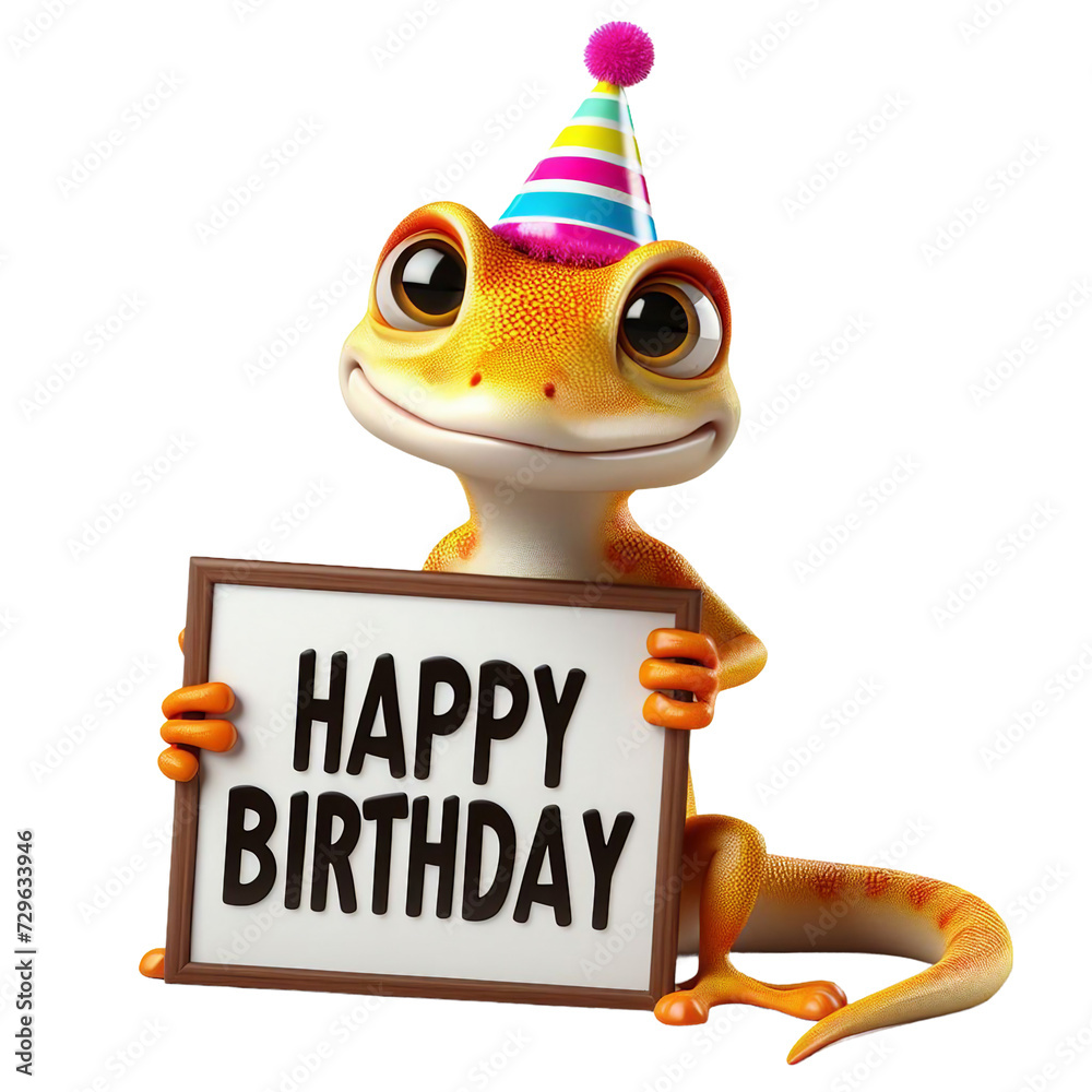 Cute Animal 3D Gecko Holding 'Happy Birthday' Board and Wearing Party ...