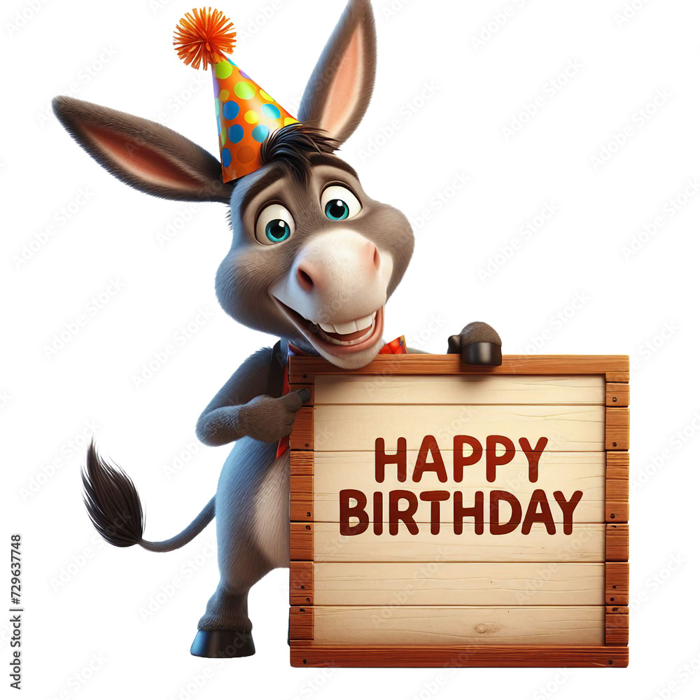 Cute Animal 3D Donkey Holding 'Happy Birthday' Board and Wearing Party ...