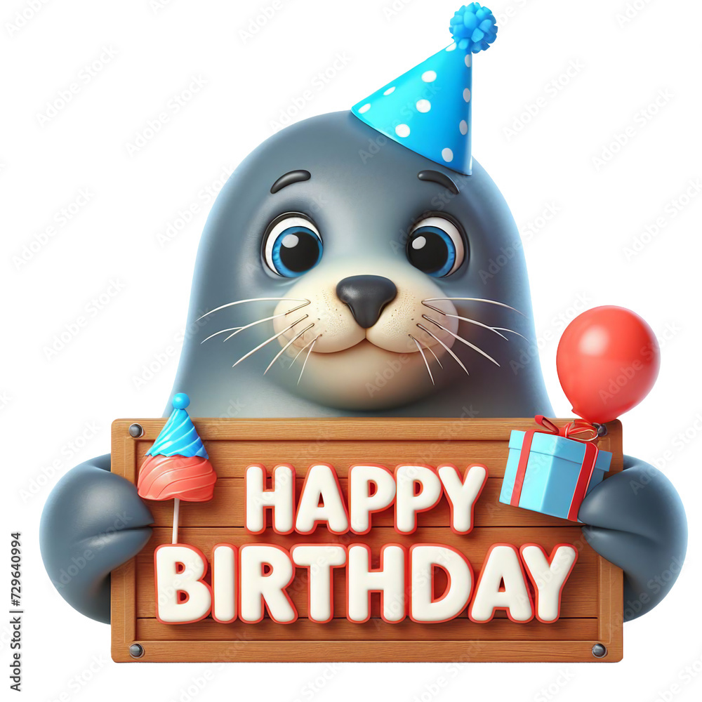 Cute Animal 3D Seal Holding 'Happy Birthday' Board and Wearing Party ...
