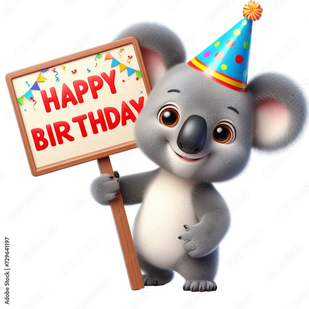 Cute Animal 3D Koala Holding 'Happy Birthday' Board and Wearing Party ...