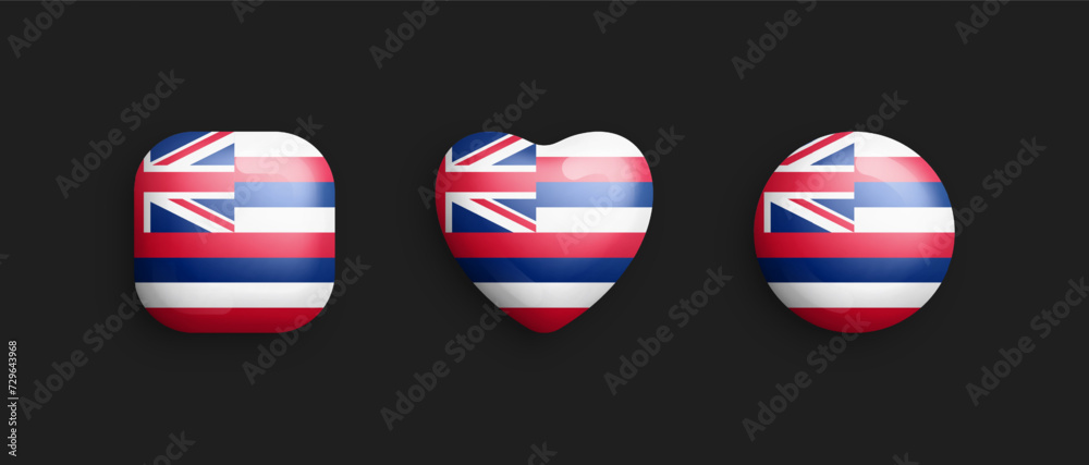 Hawaii Official National Flag 3D Vector Glossy Icons In Rounded Square ...