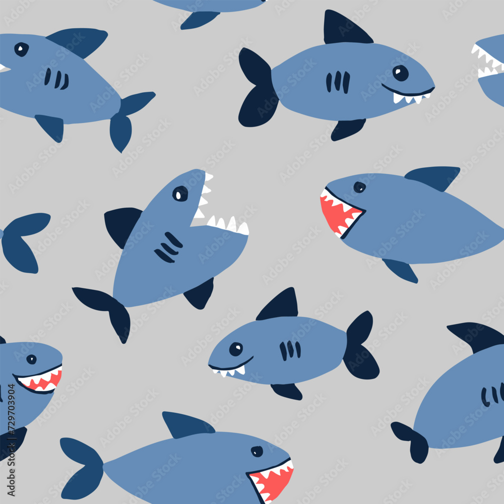 Seamless vector repeat pattern with happy sharks with big teeth on gray ...