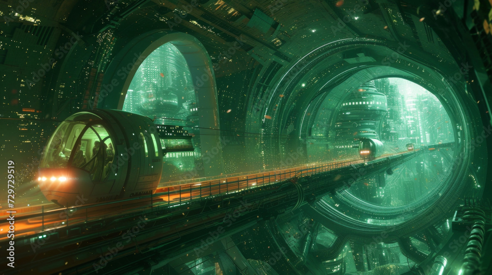 A serene otherworldly landscape features a floating train glide ...