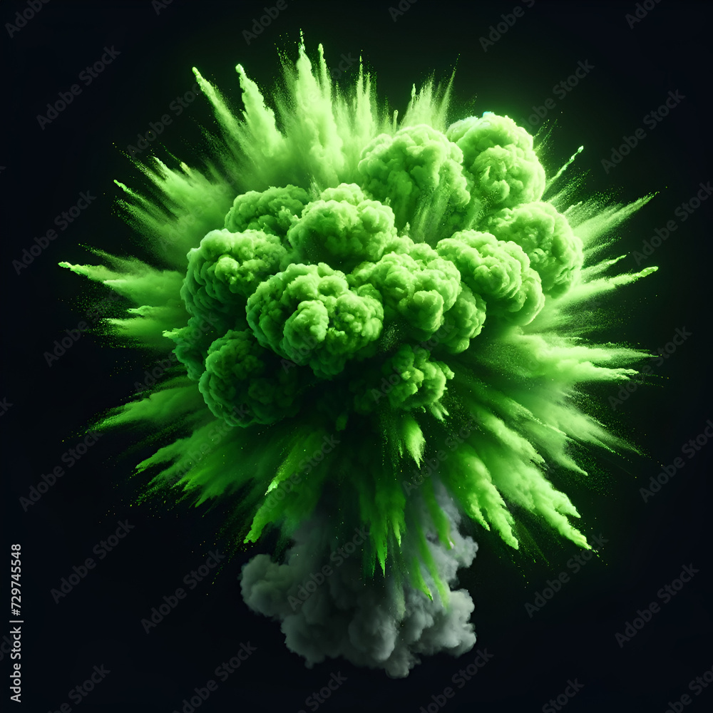 A striking toxic green explosion, captured at the peak of its eruption ...