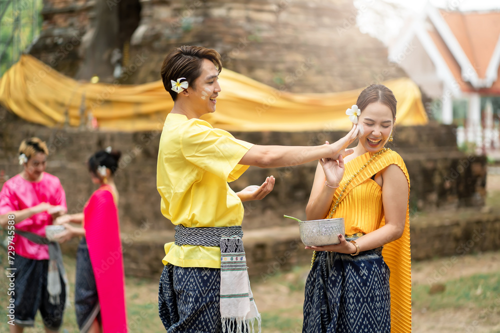 Songkran Festival - Young Asians Wearing Thai Clothes Pose Happily ...