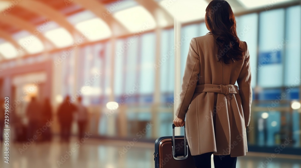 Back view of a girl dressed as a businessman with a suitcase at the ...