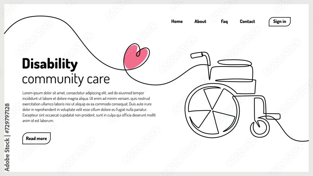 Wheelchair continuous line art drawing. Landing page template with ...