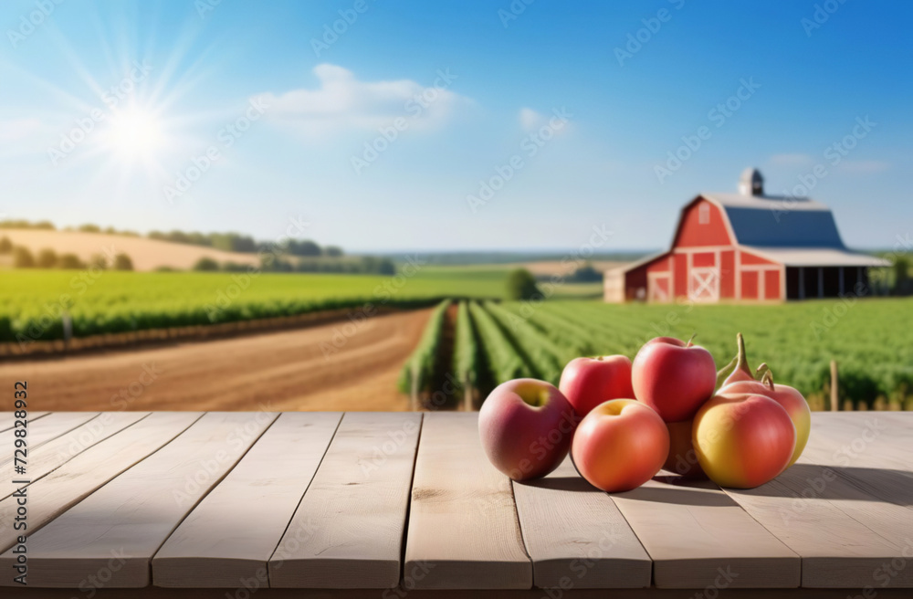 Empty wooden table, counter desk with blurred agricultural field ...