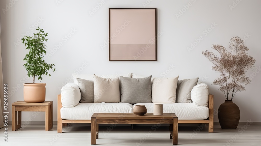 Modern and cozy living room with white sofa, square coffee table ...