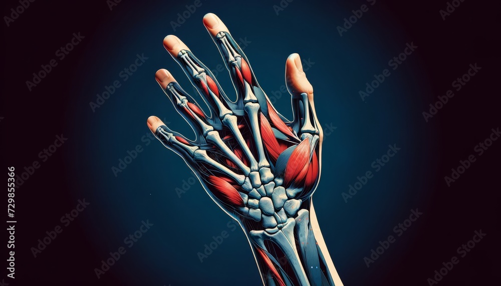 The human hand is semi-transparent, showing the bones and muscles ...