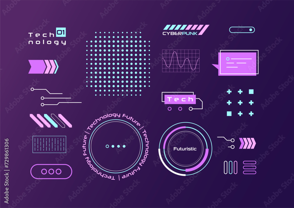 Cyberpunk graphic elements set. Retro futuristic shapes for banners ...