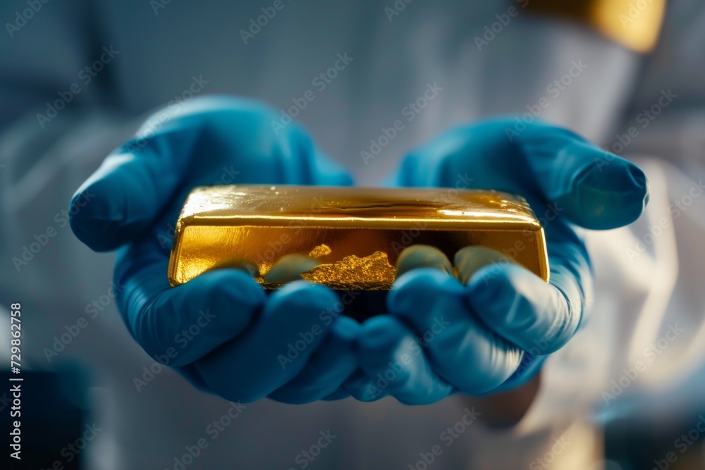 Photo Stock Ai generated of Glove hand cradle luminous gold bar ...