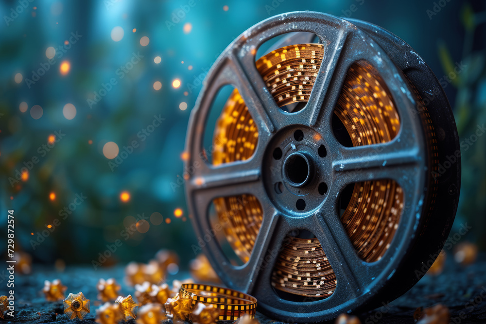 Front view of a vintage film reel with film strips unspooling on the ...