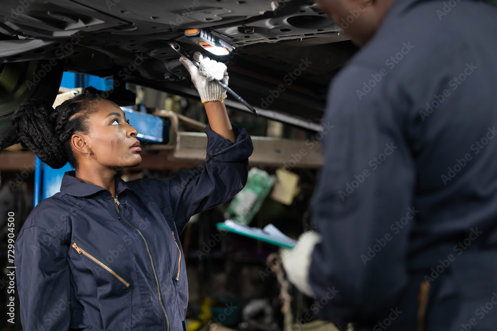 African female mechanic checking and fixing underneath car in ...