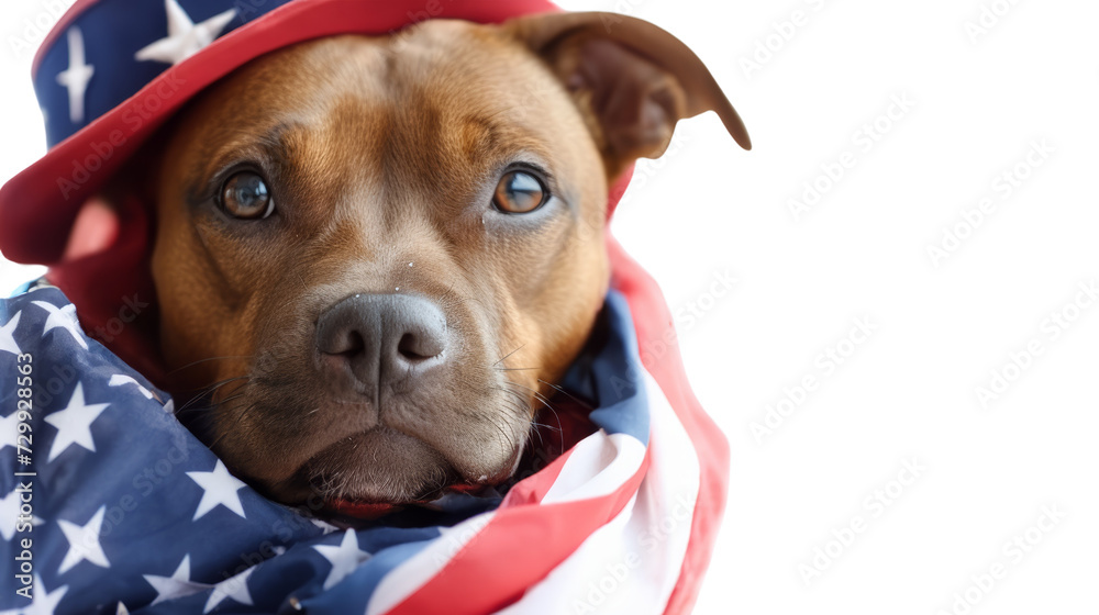 Patriot dog wearing a US flag scarf isolated on white transparent, USA ...
