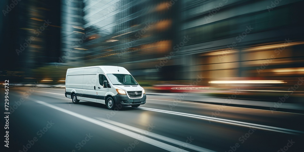 White commercial delivery van on the street with motion blur background ...