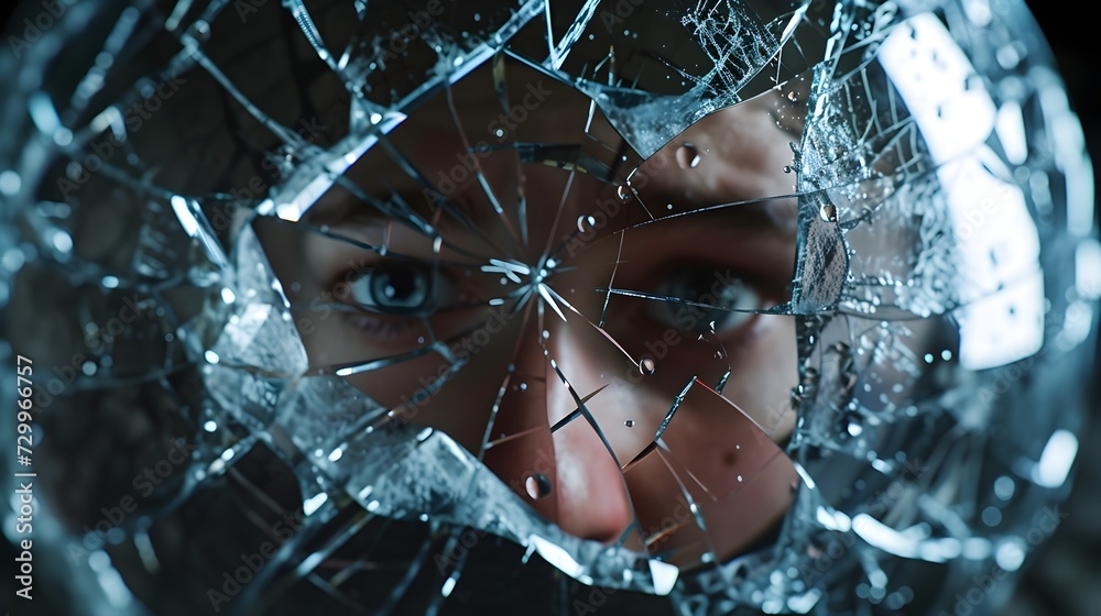 "Distorted Reflection: Person's Face in Cracked Mirror Ball, Ultra ...