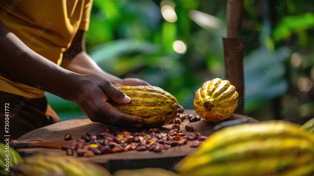 A farmer's hands expertly sort cocoa beans beside ripe cacao pods on a ...